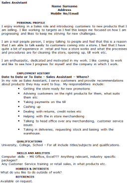 Sales Assistant CV Example Icover uk