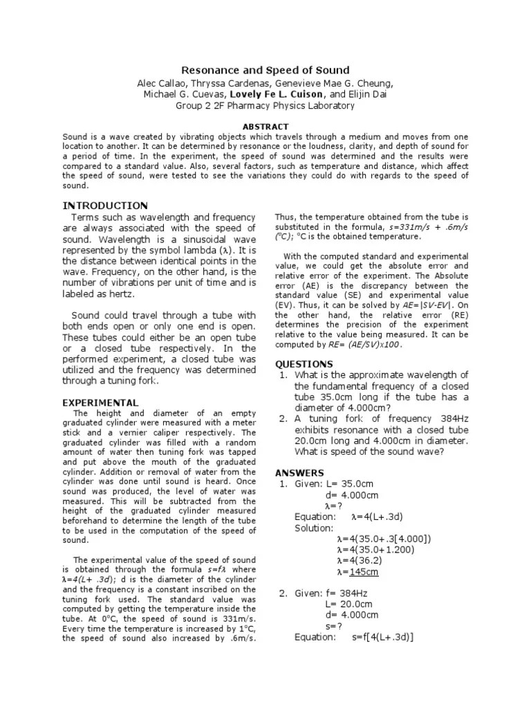 Resonance And Speed Of Sound | PDF | Sound | Wavelength