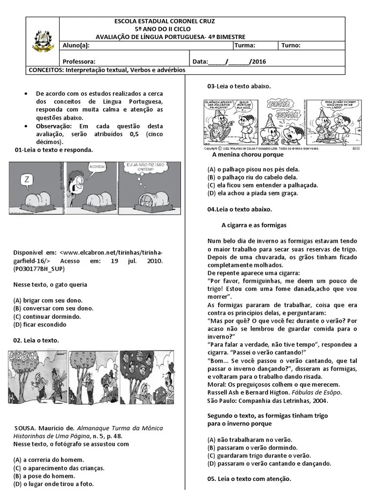 Avaliação De Língua Portuguesa: 5º Ano Do Ensino Fundamental 1 - 2º ...