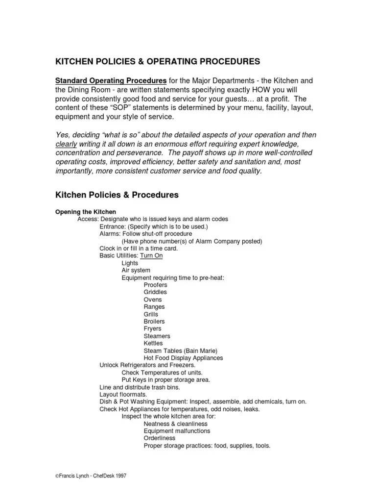 Kitchen SOPs For Consistency | PDF | Refrigerator | Dishwasher