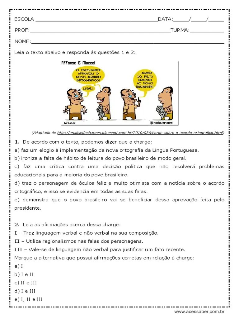 Atividade De Português Interpretação De Texto Charge Para ENEM 3ª Anos ...