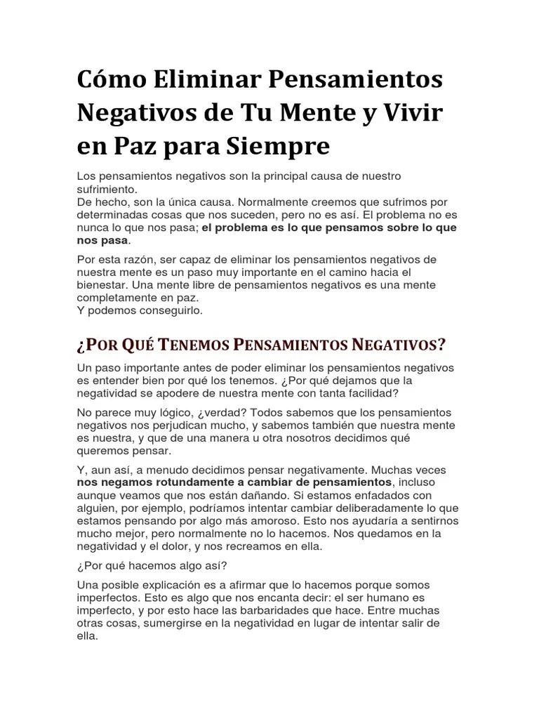 Cómo Eliminar Pensamientos Negativos De Tu Mente Y Vivir En Paz Para ...