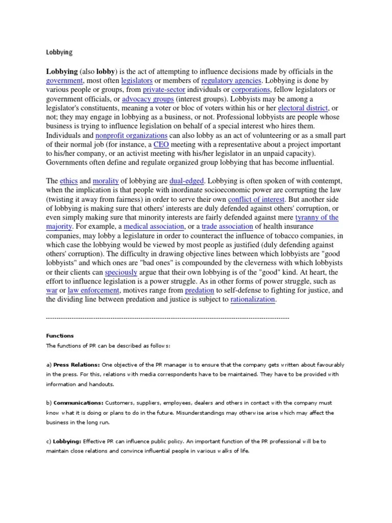 Lobbying (Also Lobby) Is The Act Of Attempting To Influence Decisions ...