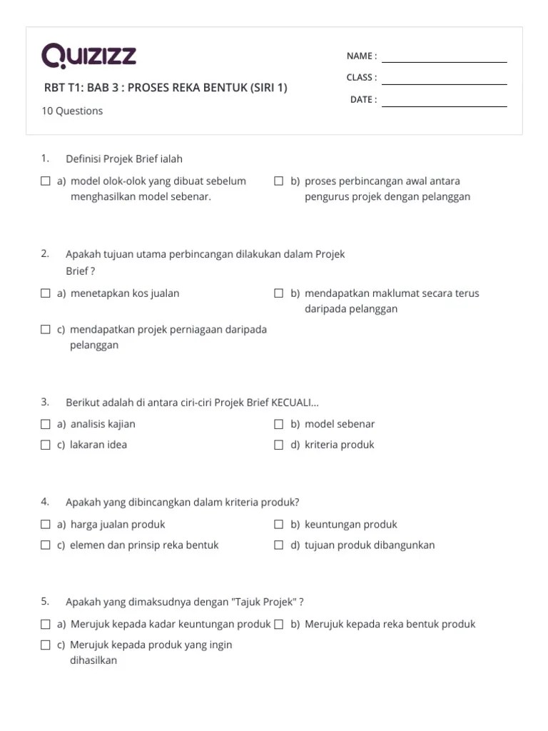RBT T1 - BAB 3 - PROSES REKA BENTUK (SIRI 1) - Print - Quizizz PDF | PDF