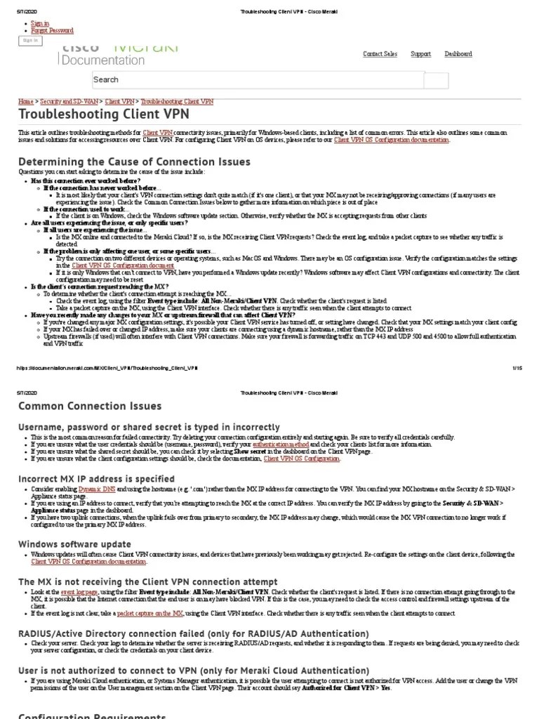 Troubleshooting Client VPN - Cisco Meraki | Download Free PDF | Virtual ...