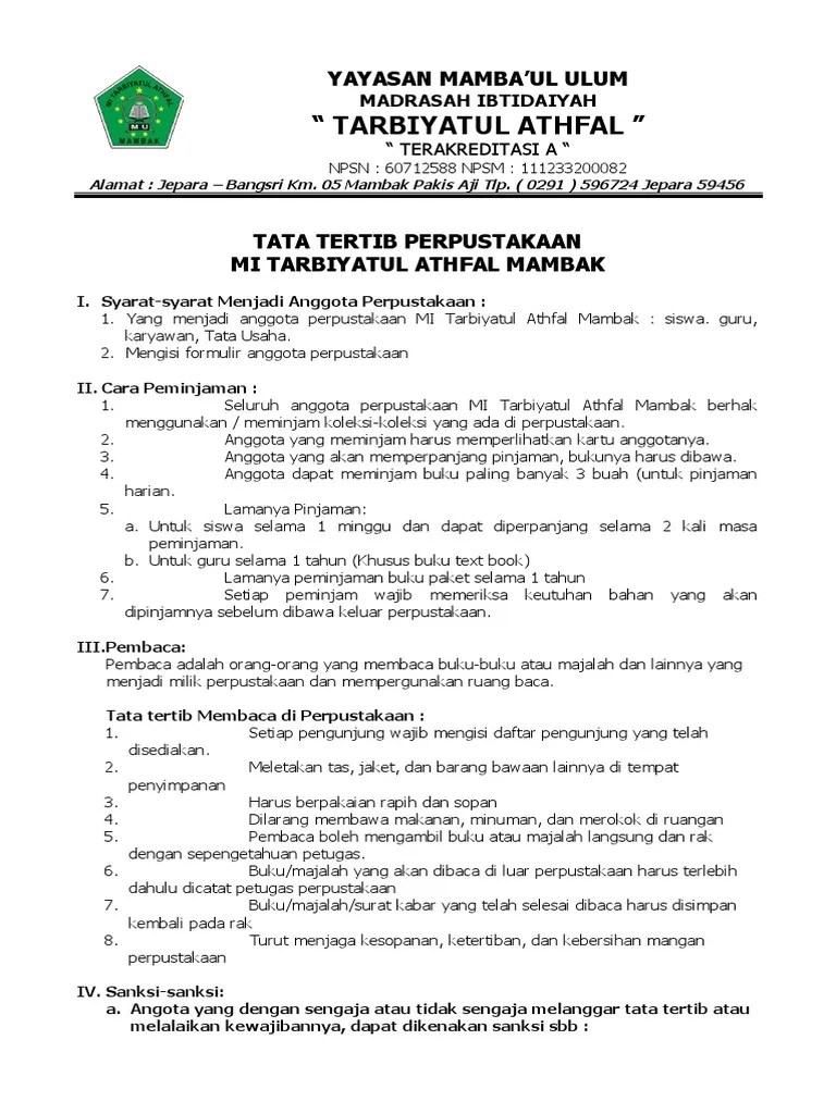 Tata Tertib Perpustakaan Sekolah/Madrasah | PDF
