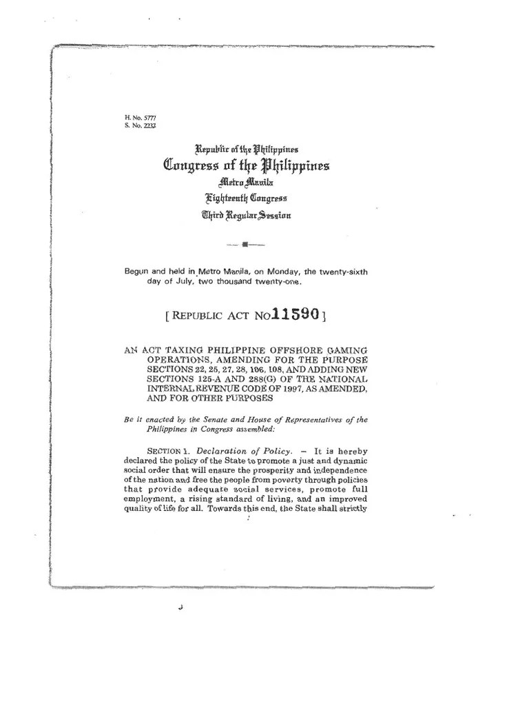 RA No. 11590 - An Act Taxing Philippine Offshore Gaming Operations ...