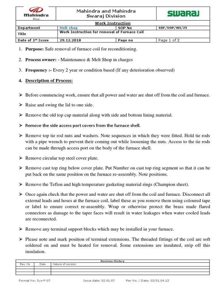 SOP For Removal Of Furnace Coil | PDF | Furnace | Screw
