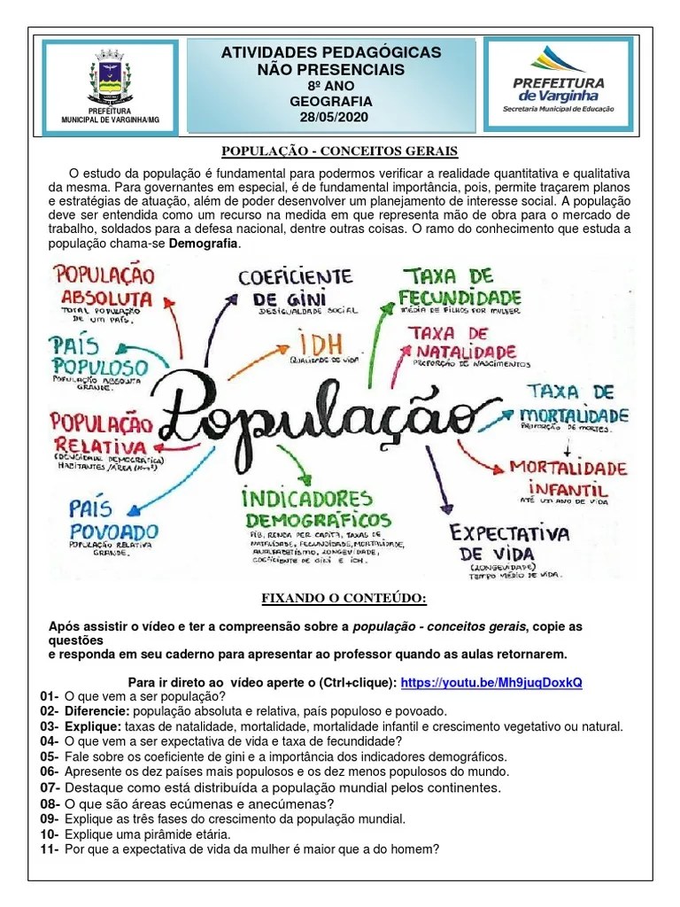 Atividades Pedagógicas Não Presenciais De Geografia Sobre População E ...