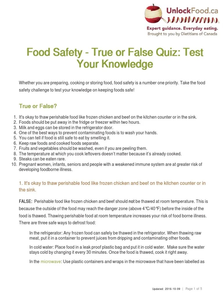 Food Safety - True Or False Quiz - Test Your Knowledge | PDF | Foods ...