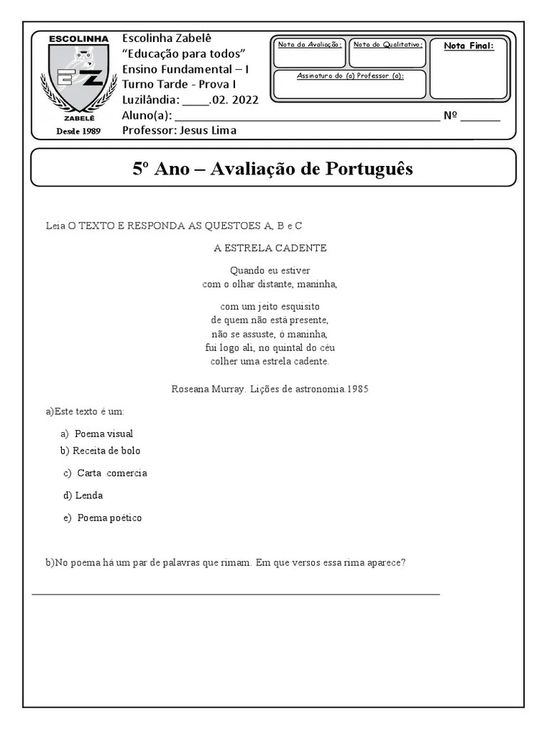 AVALIAÇÃO - 5º ANO - Português | PDF | Fonema | O Holocausto