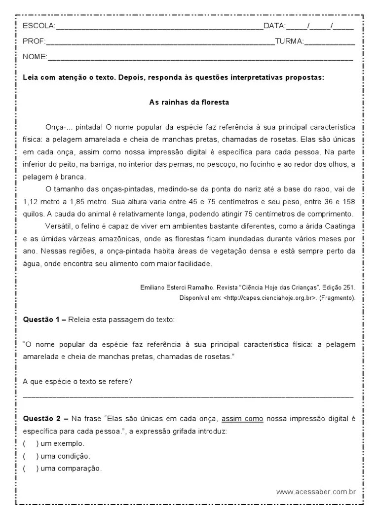 Interpretacao De Texto Onca Pintada 5o Ano Word | PDF | Jaguar