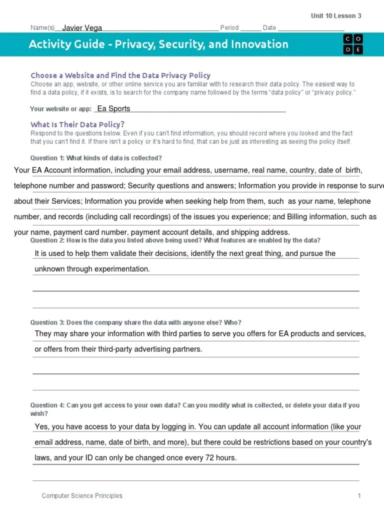 Activity Guide - Privacy, Security, And Innovation - Unit 10 Lesson 3 ...
