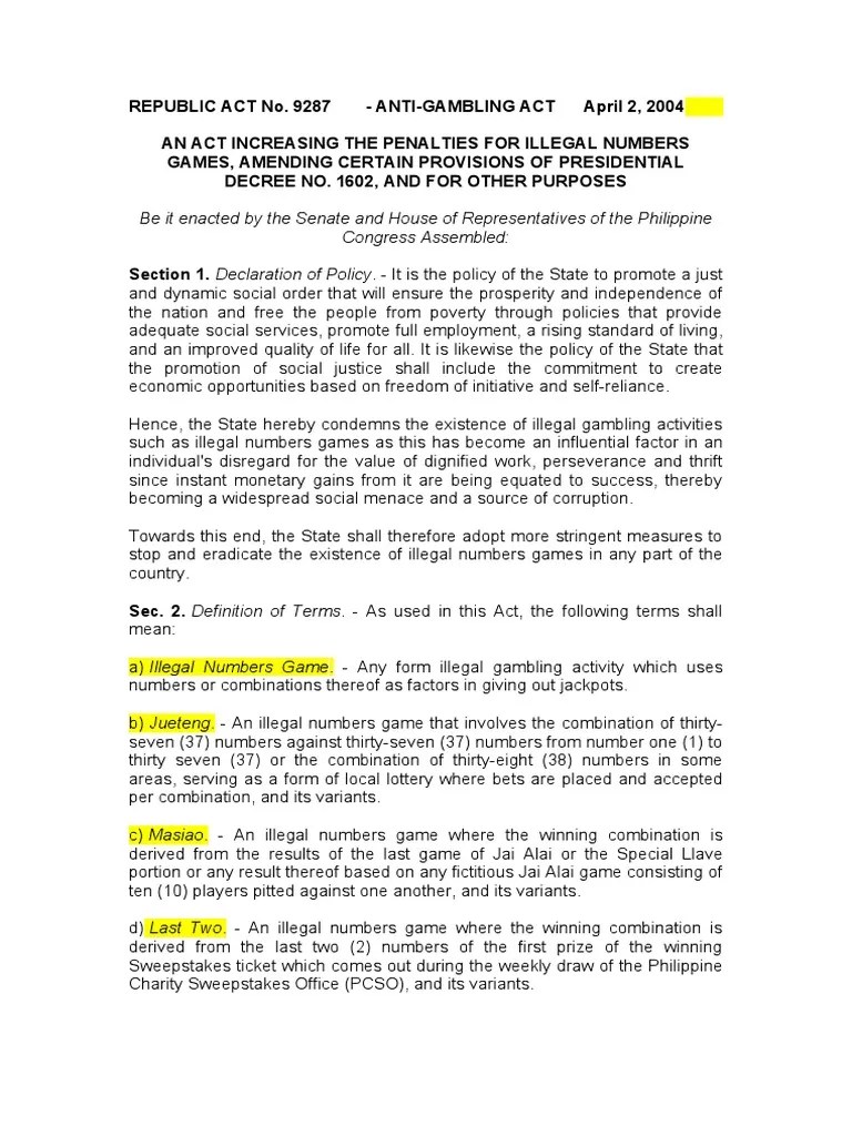 Anti Gambling Act PD 1604 Amended By RA 9287 | PDF | Gambling | Online ...