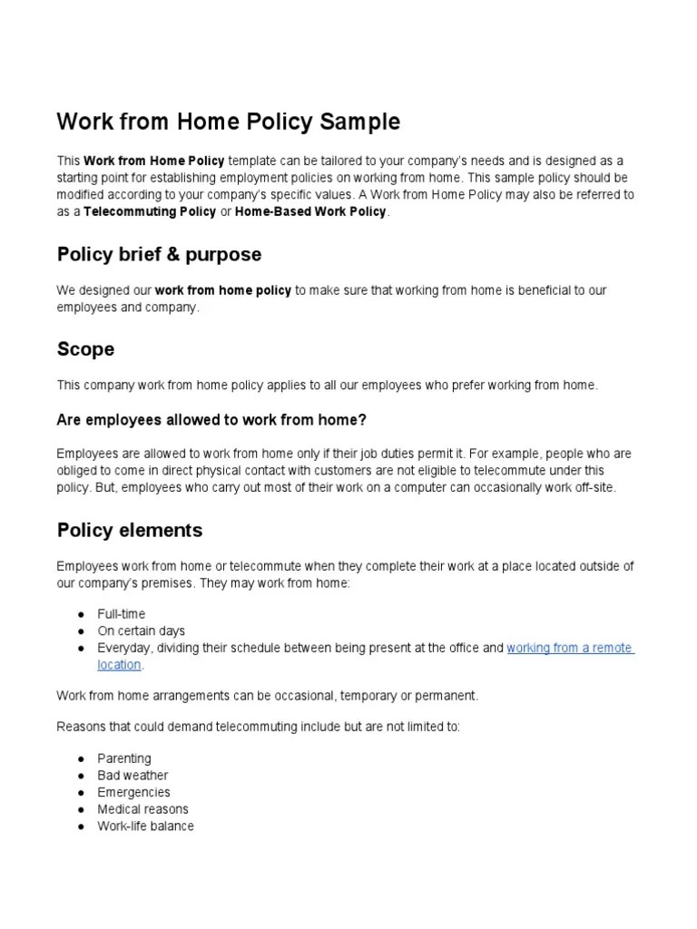 Work From Home Policy Sample | PDF | Employment | Labor