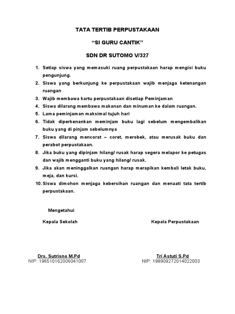 Aturan Perpustakaan SDN Dr Sutomo V/327 | PDF