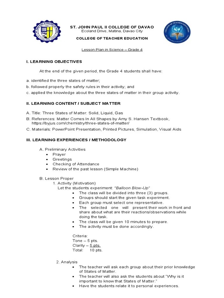 Lesson Plan In Science Grade 4 | PDF | Gases | Liquids