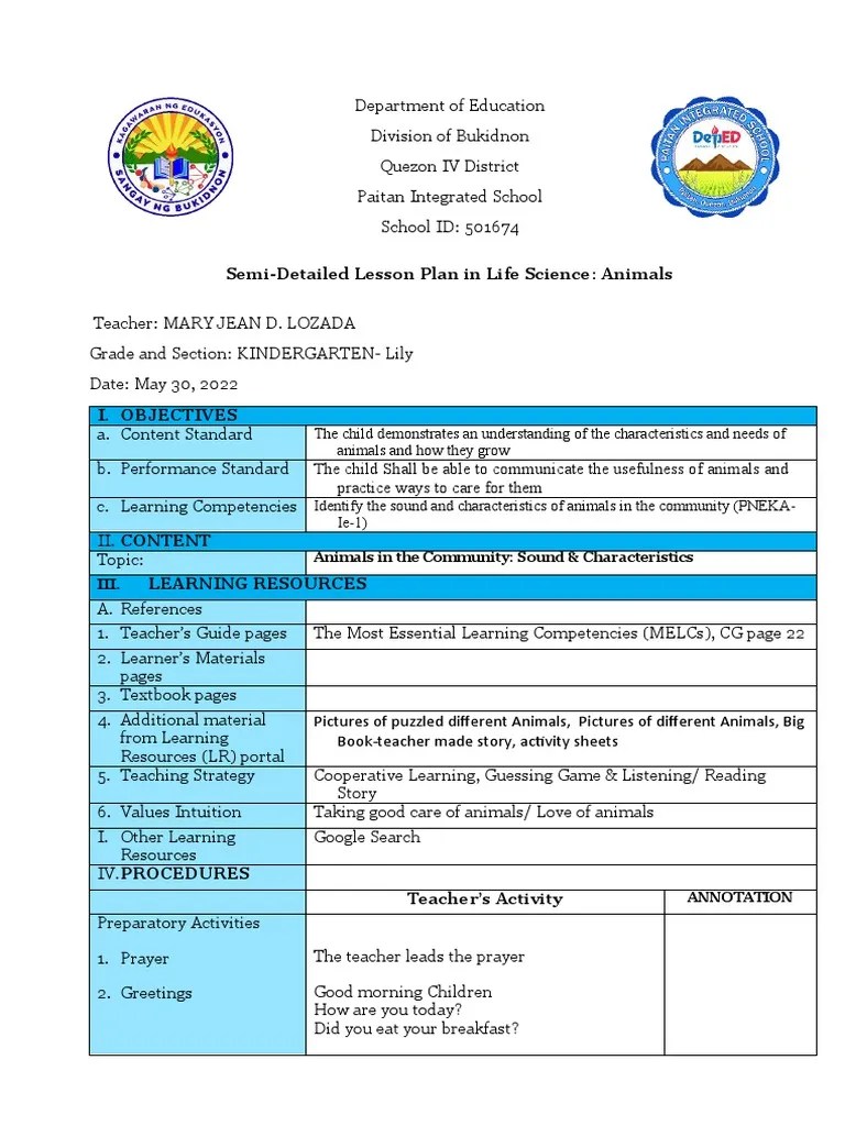Lesson Plan Kinder | PDF | Learning | Teachers
