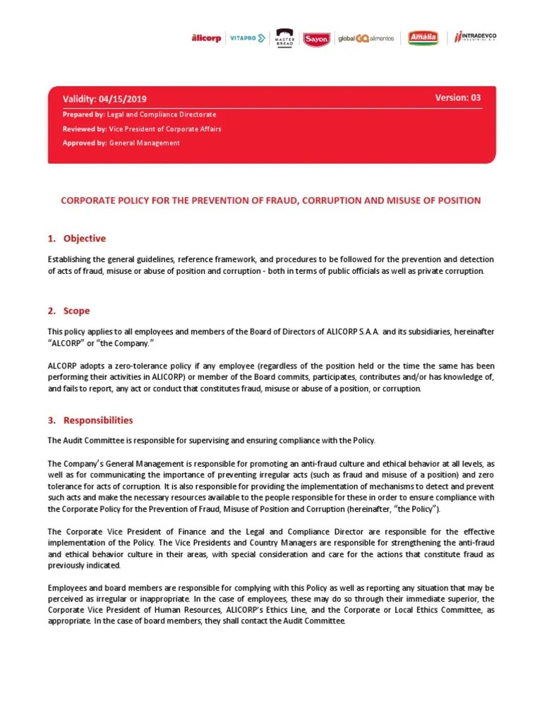 Corporate Policy For The Prevention Of Fraud Corruption And Misuse Of ...
