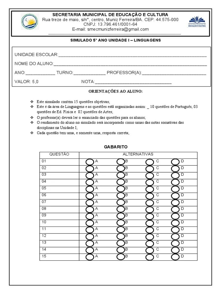 Simulado 5 Ano Português | Descargar Gratis PDF | Linguística