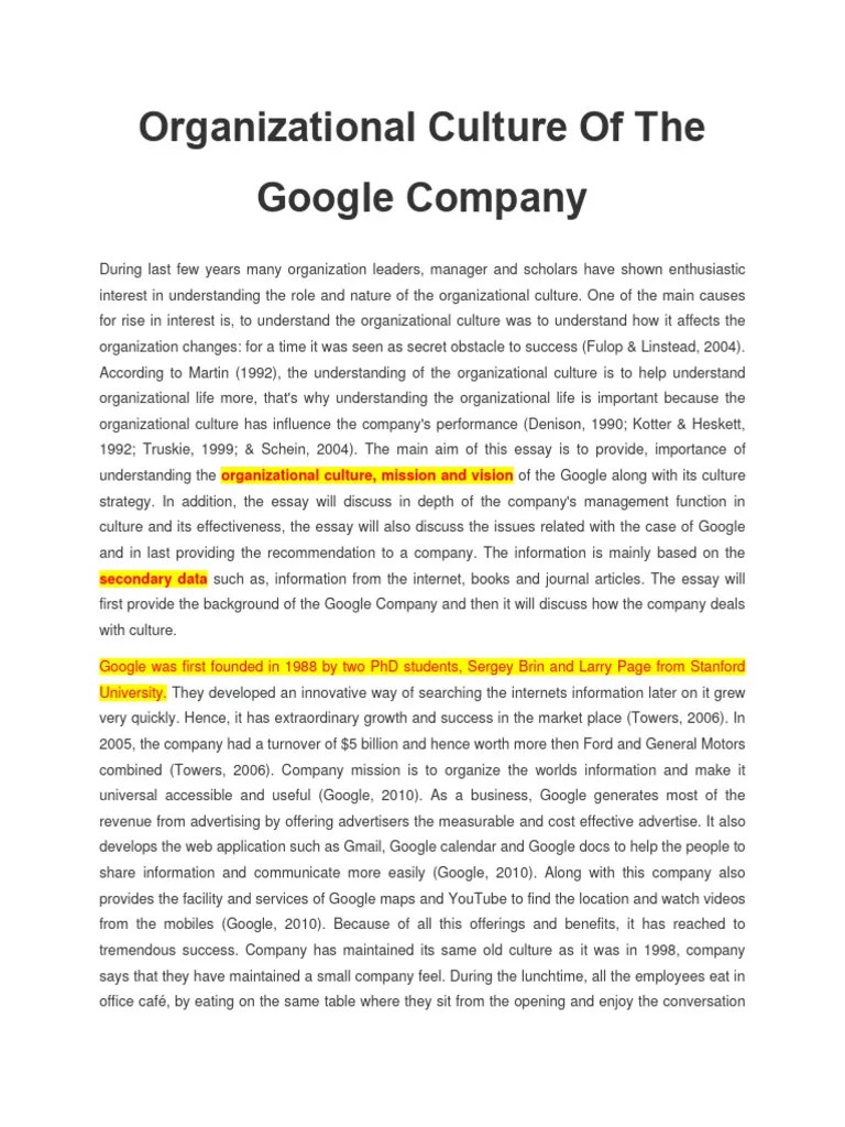 Organizational Culture Of The Google Company | PDF | Organizational ...