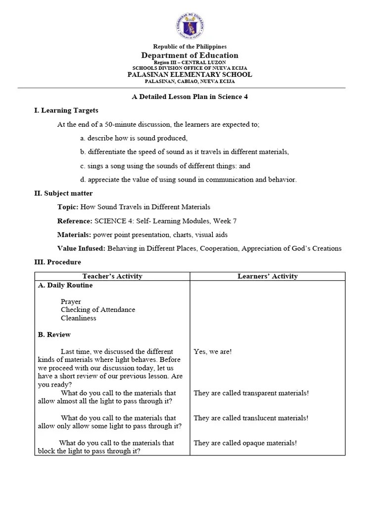 A Detailed Lesson Plan In Science 4 SOUNDS | PDF | Sound | Waves