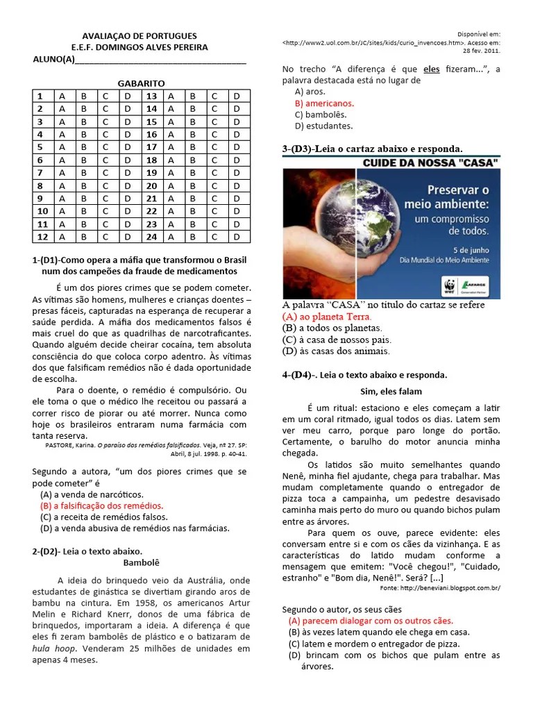 Avaliaçao De Portugues 5º Ano | PDF