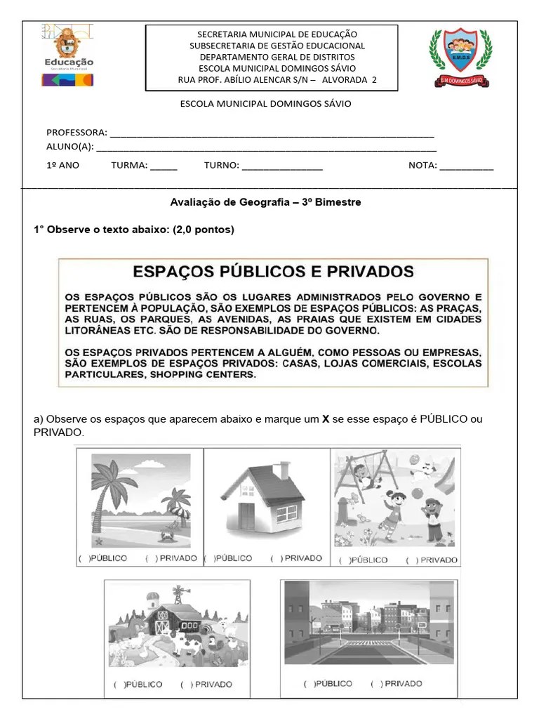 AVALIAÇÃO DE GEOGRAFIA - 1° Ano | PDF