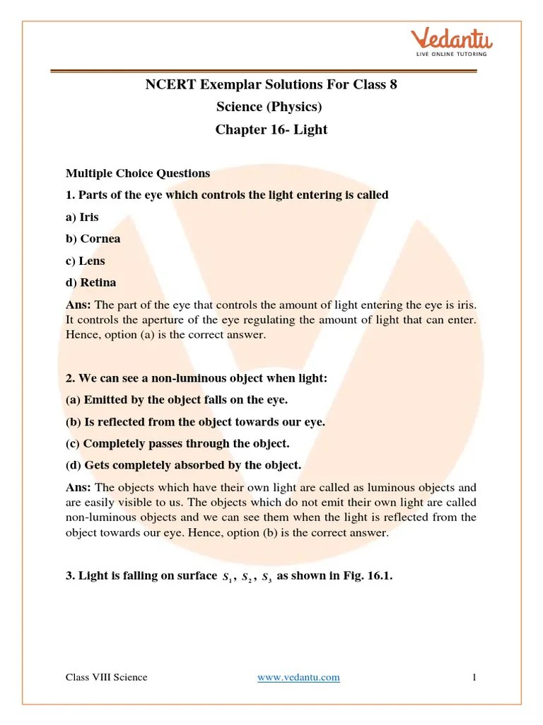NCERT Exemplar Class 8 Science Solutions Chapter 16 Light | PDF | Eye ...