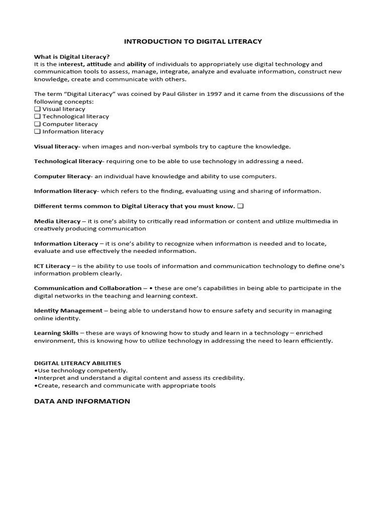Introduction To Digital Literacy | PDF | Information | Literacy