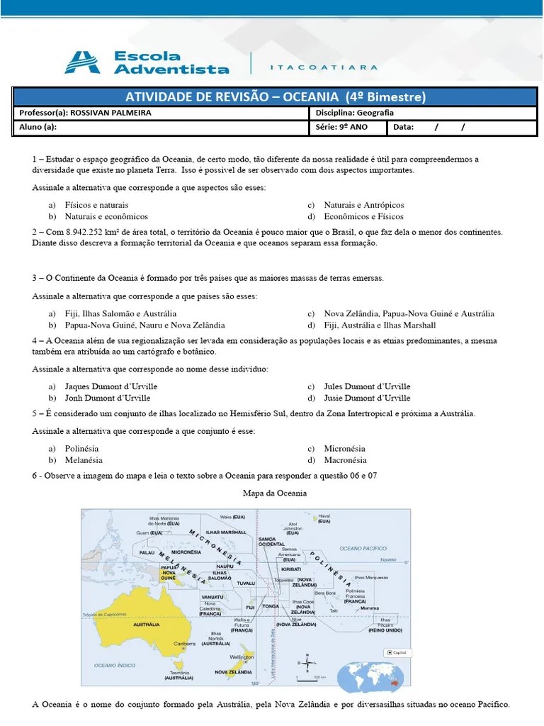 Atividade Revisão De Geografia - 9º Ano | PDF | Oceania | Continente