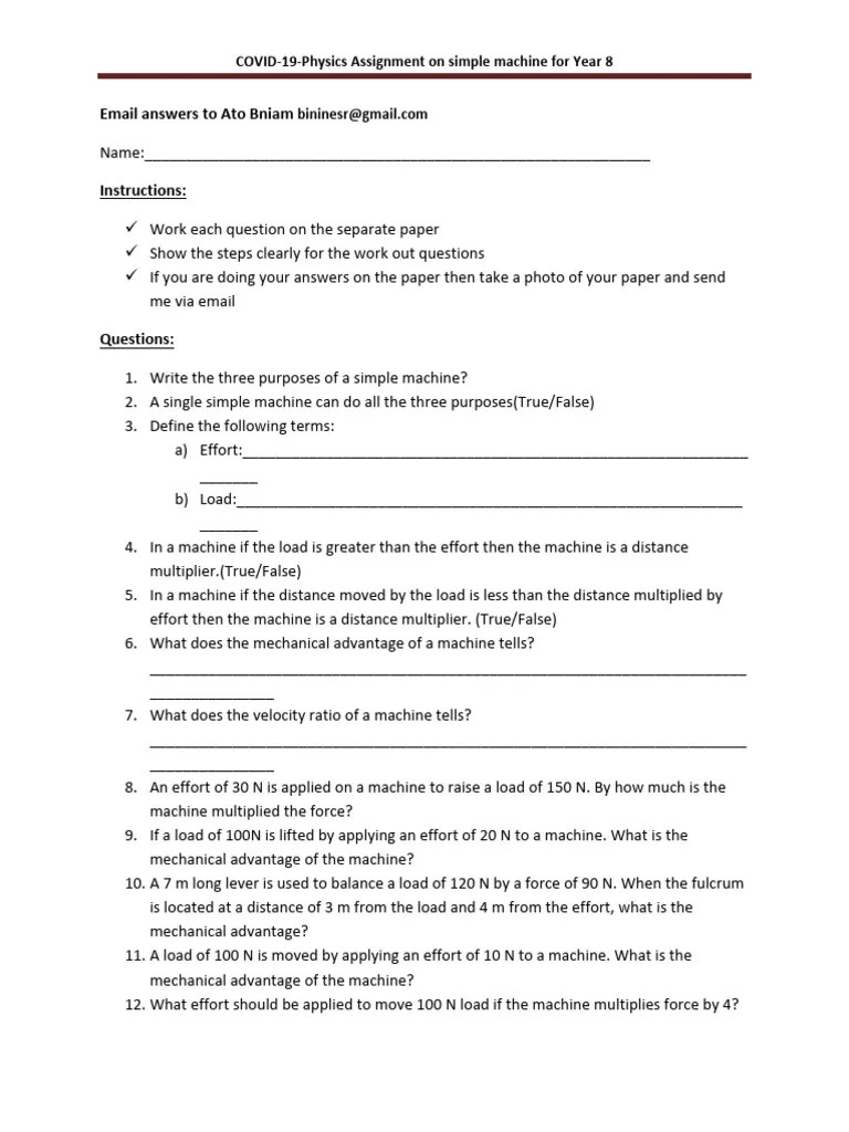 Year 8 Physics Assignment | PDF | Lever | Machines