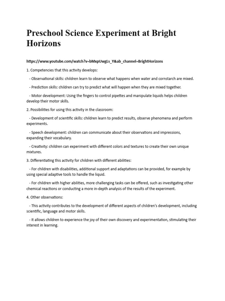 Preschool Science Experiment At Bright Horizons | PDF | Wellness ...
