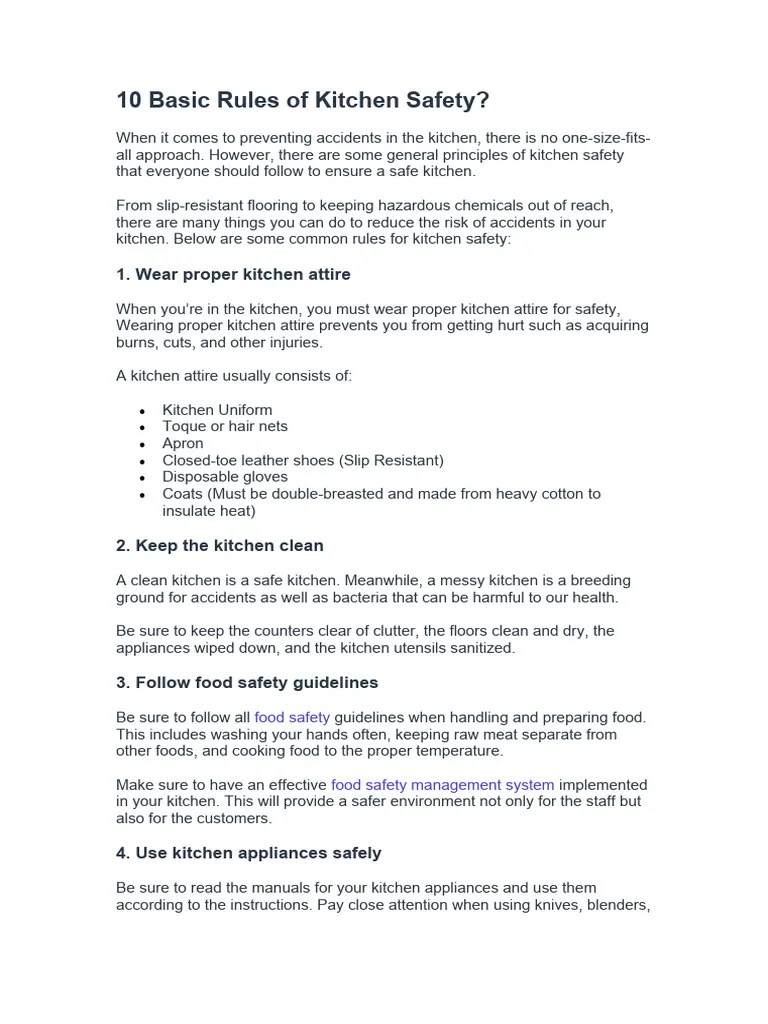 10 Basic Rules Of Kitchen Safety & Sop | PDF | Kitchen | Hygiene
