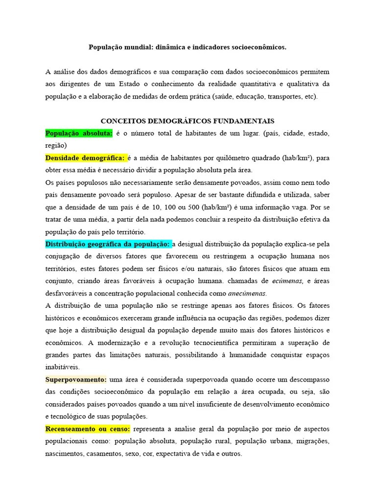 População Mundial - Dinâmica E Indicadores Socioeconômicos | PDF ...