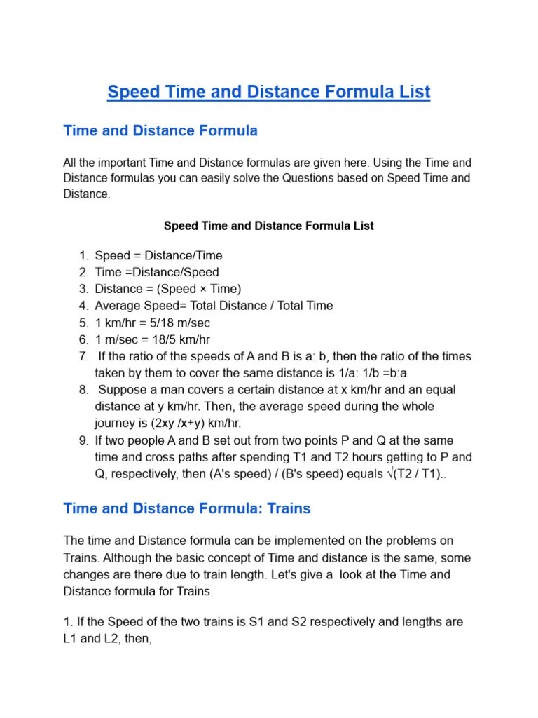 Time And Distance Formula | PDF | Speed | Train