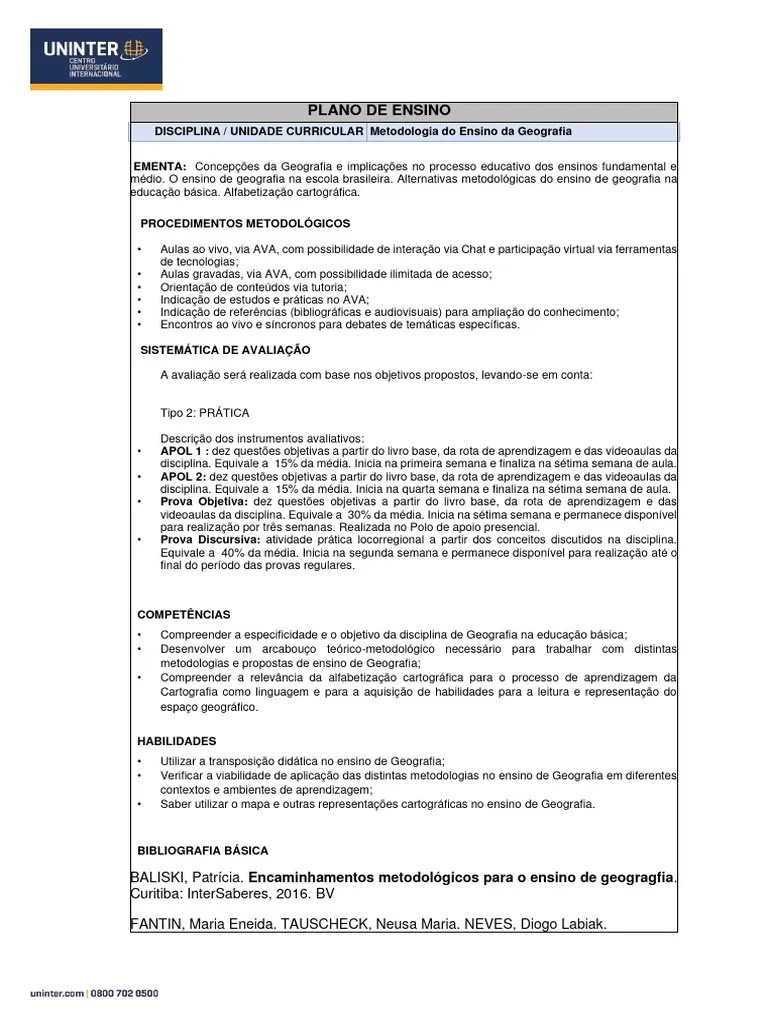 Plano De Ensino - Metodologia Do Ensino Da Geografia | PDF | Geografia ...