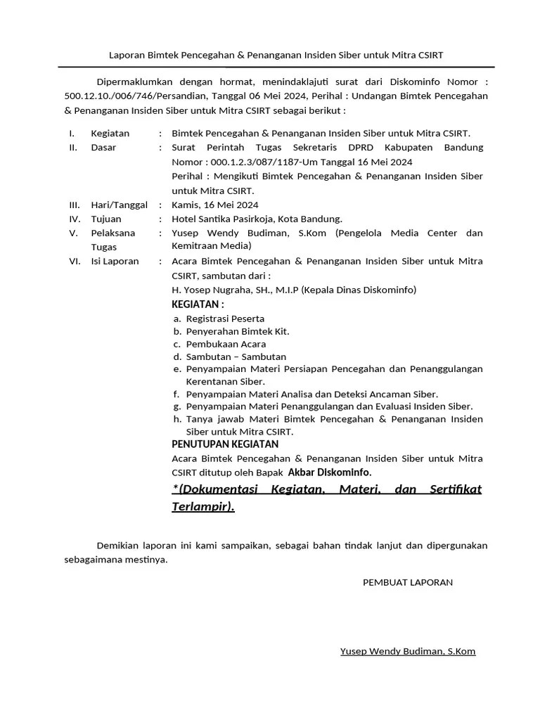 Laporan Bimtek Pencegahan & Penanganan Insiden Siber Untuk Mitra CSIRT ...