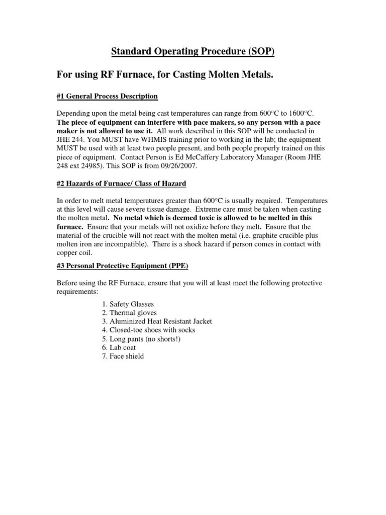 Standard Operating Procedure RF Furnace | PDF | Personal Protective ...