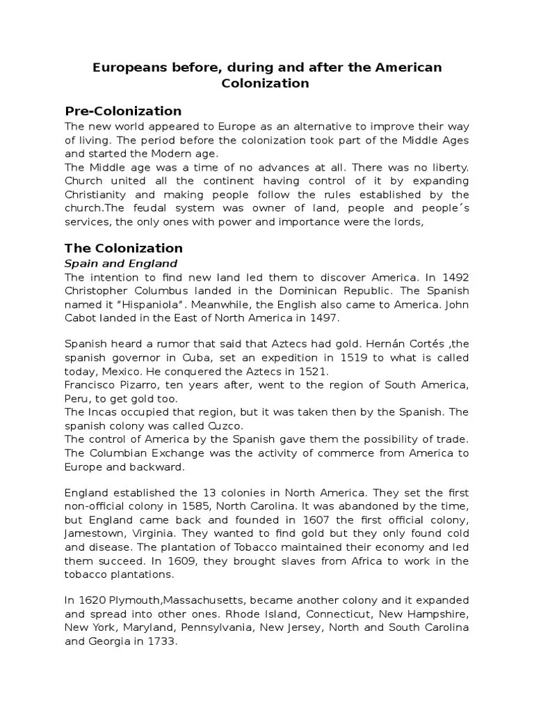 Europeans Before, During And After The American Colonization Pre ...