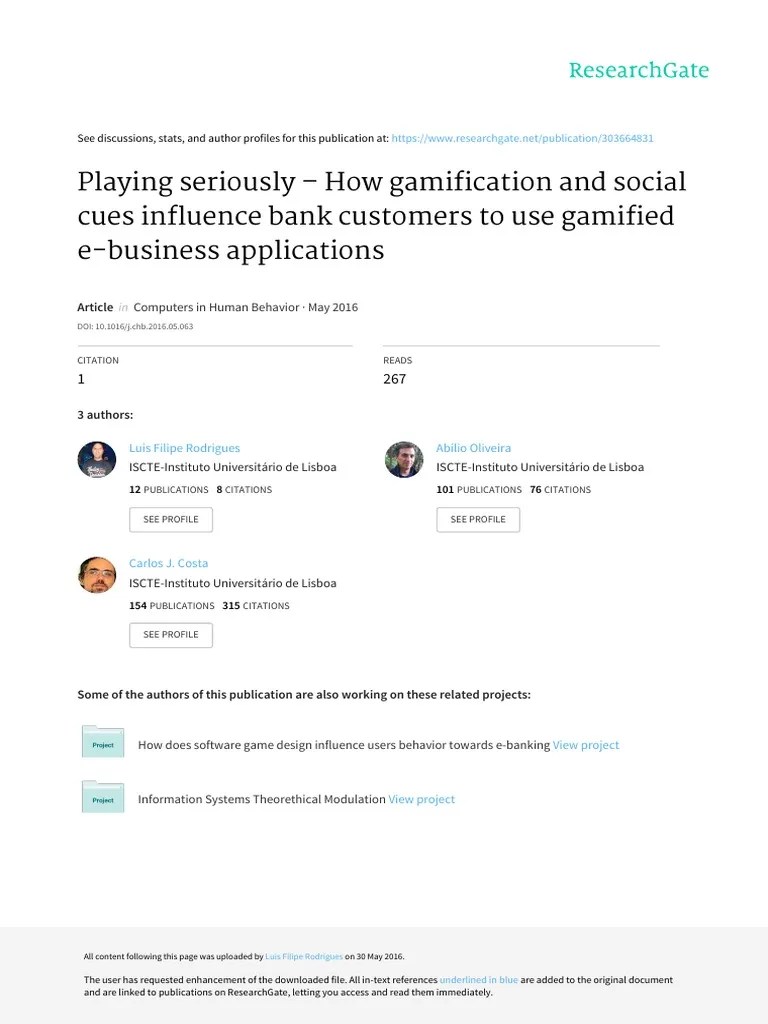 Published Elsevier Playing Seriously - How Gamification And Social Cues ...