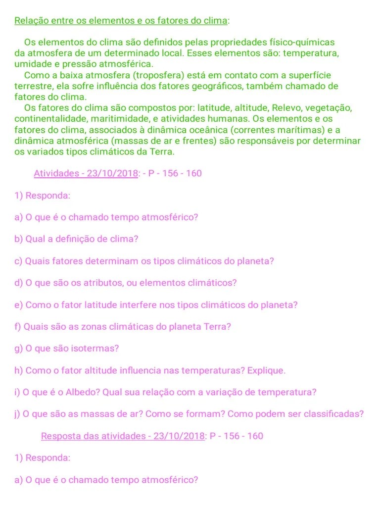 Atividades De Geografia 1° Ano | PDF | Atmosfera | Clima