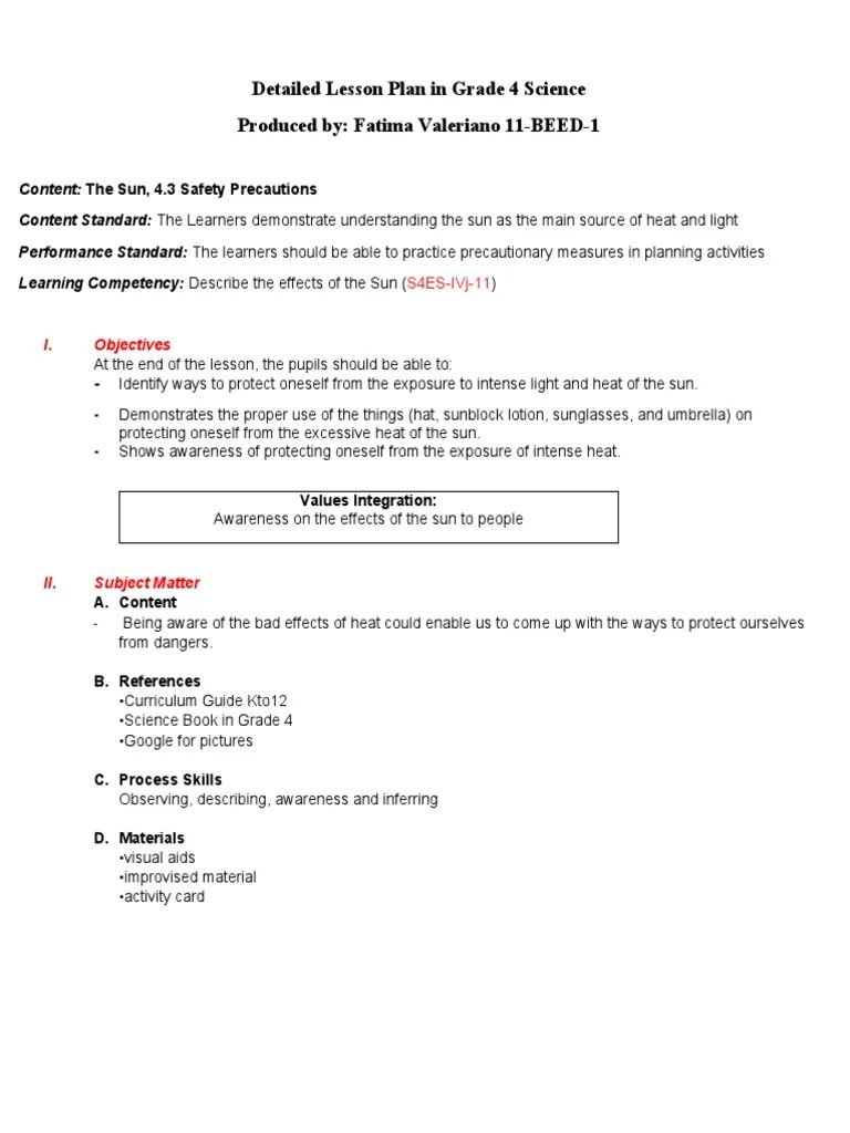 Detailed Lesson Plan In Grade 4 Science Produced By: Fatima Valeriano ...