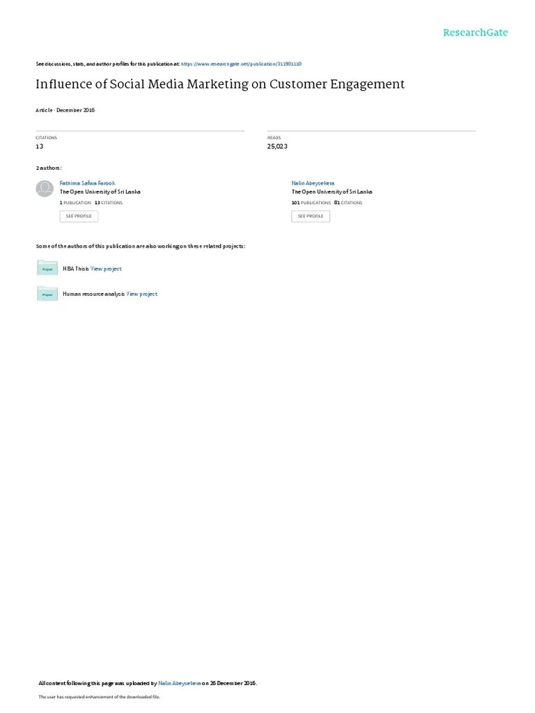 Influence Of Social Media Marketing On Customer Engagement | PDF ...