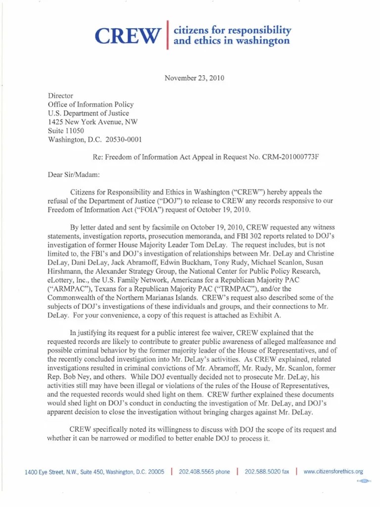 FOIA Appeal: CREW: Department Of Justice (DOJ) : Regarding Tom DeLay ...