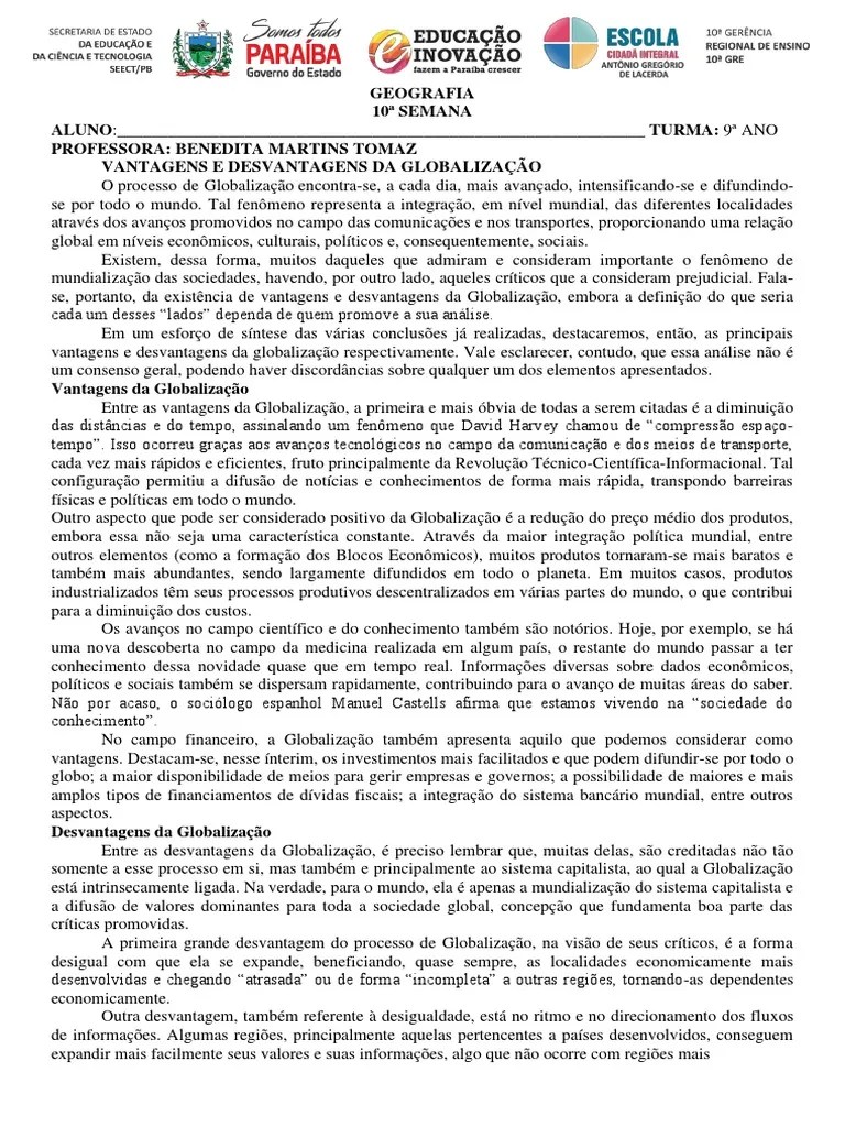 9º Ano - Atividade De Geografia 10 Semana - Impressa | PDF ...