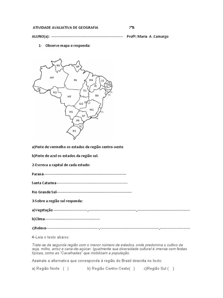 Atividade Avaliativa De Geografia 7 | PDF