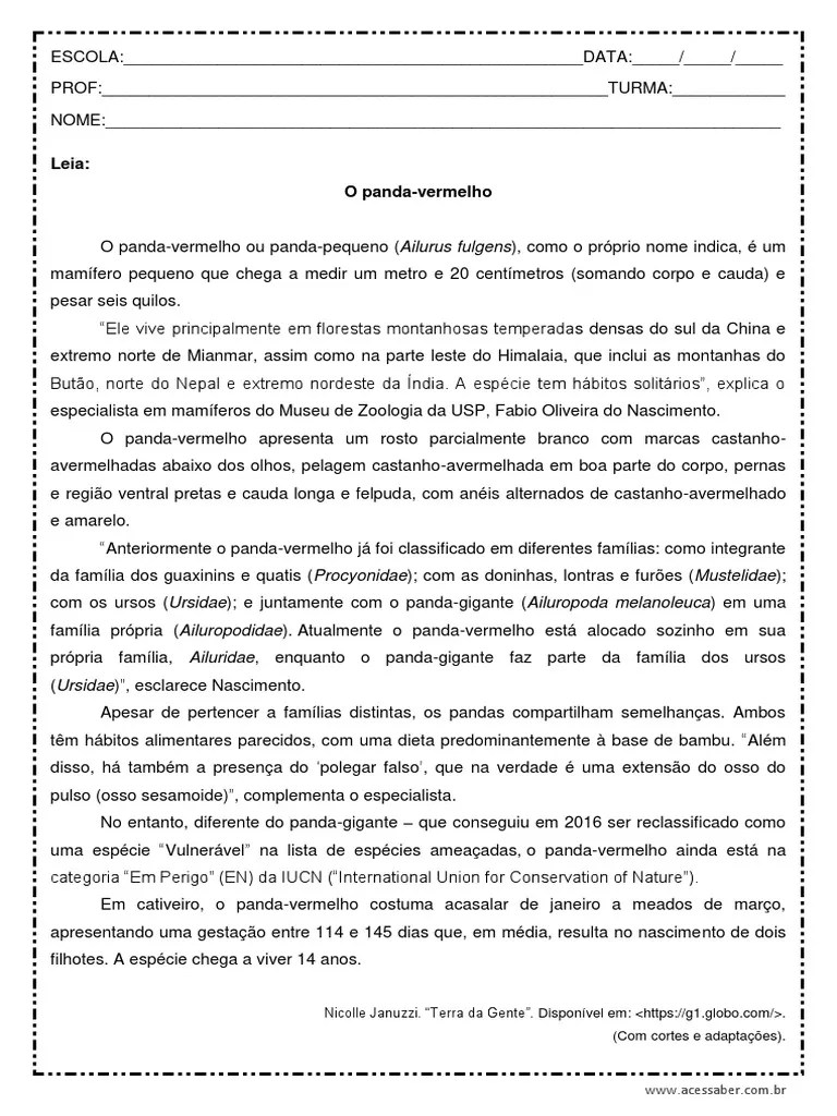 Interpretacao De Texto O Panda Vermelho 5o Ano Respostas | PDF