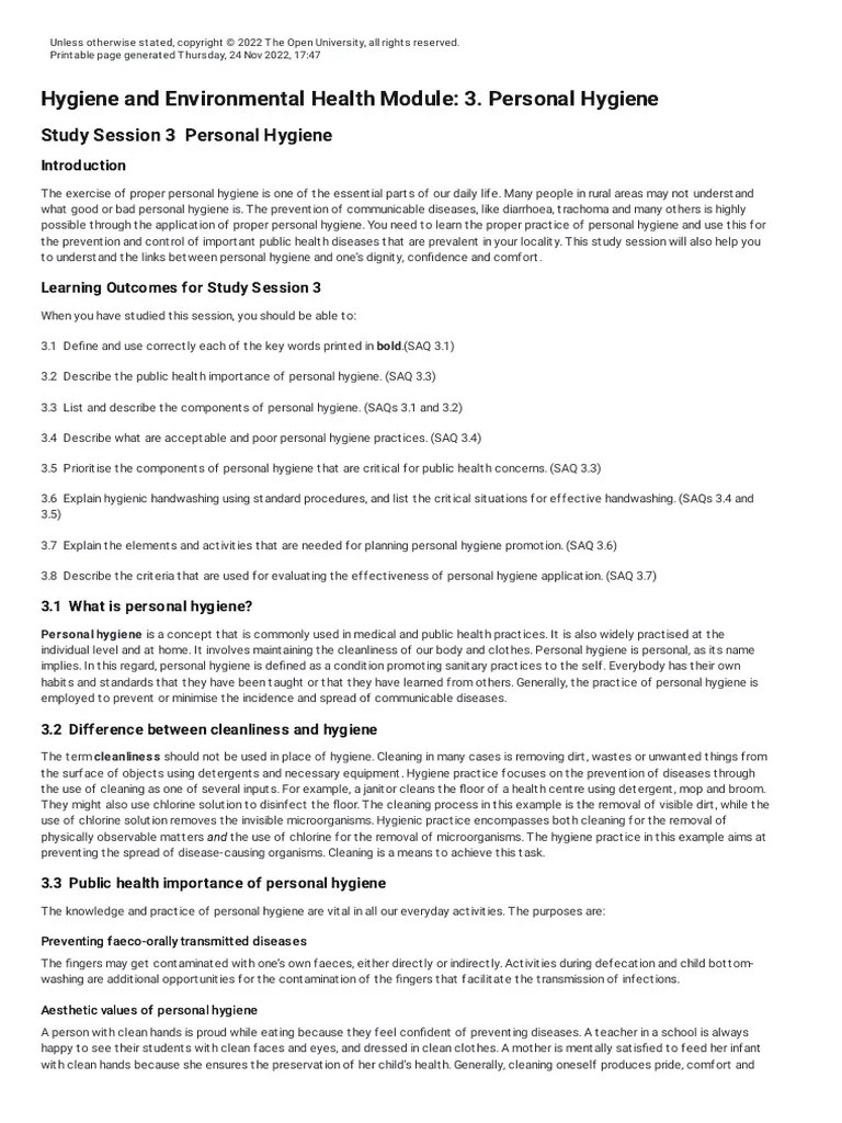 Hygiene And Environmental Health Module - 3. Personal Hygiene - View As ...