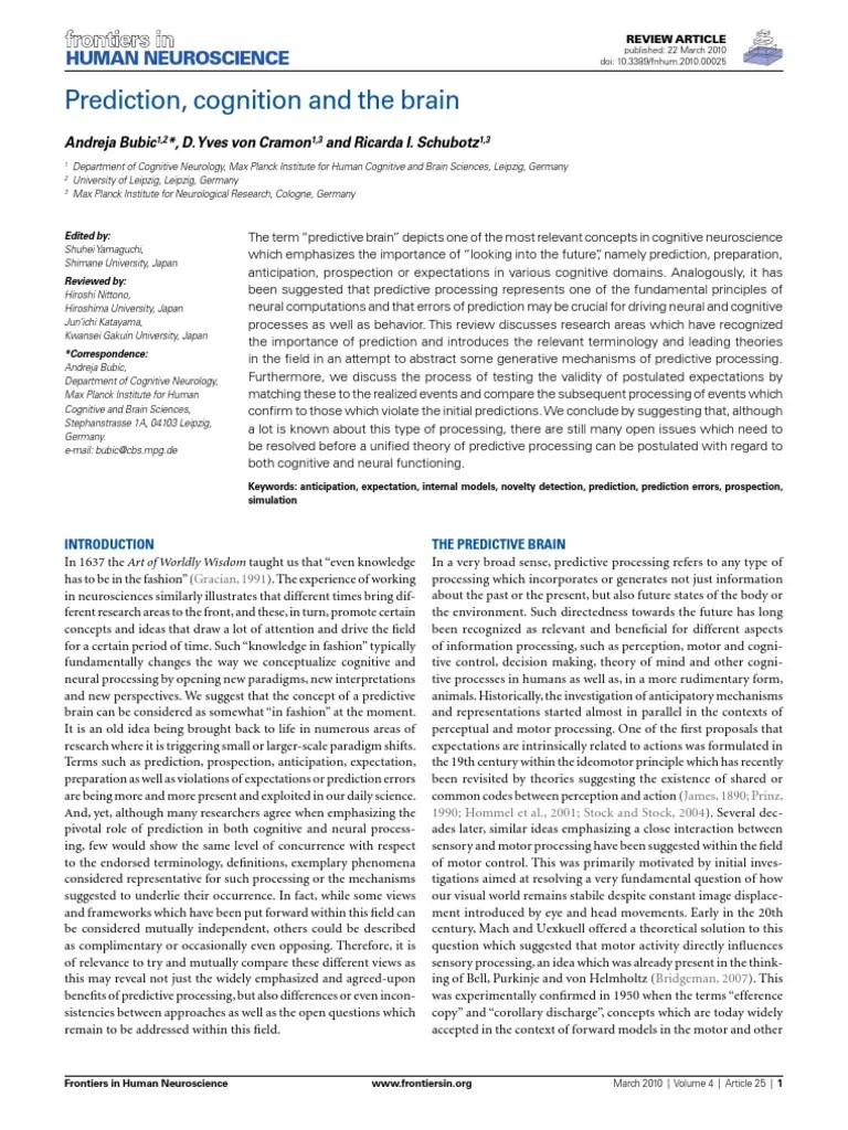 Prediction, Cognition And The Brain | PDF | Perception | Attention